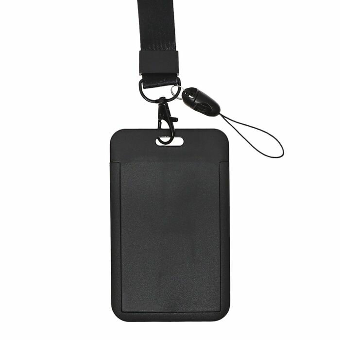 Бейдж-карман вертикальный пластиковый, внешний 110x68мм, внутренний 85x54мм, лента 80x2см, чёрный.