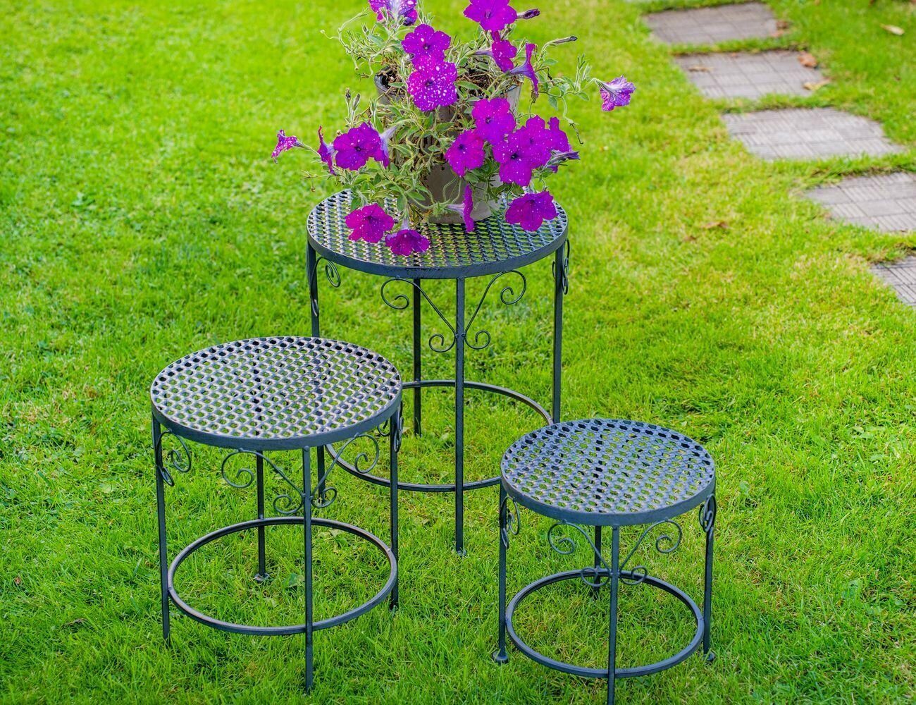 Кофейные столики ажурный прованс, металл, серые, комплект - 3 столика, Edelman 1011806-1