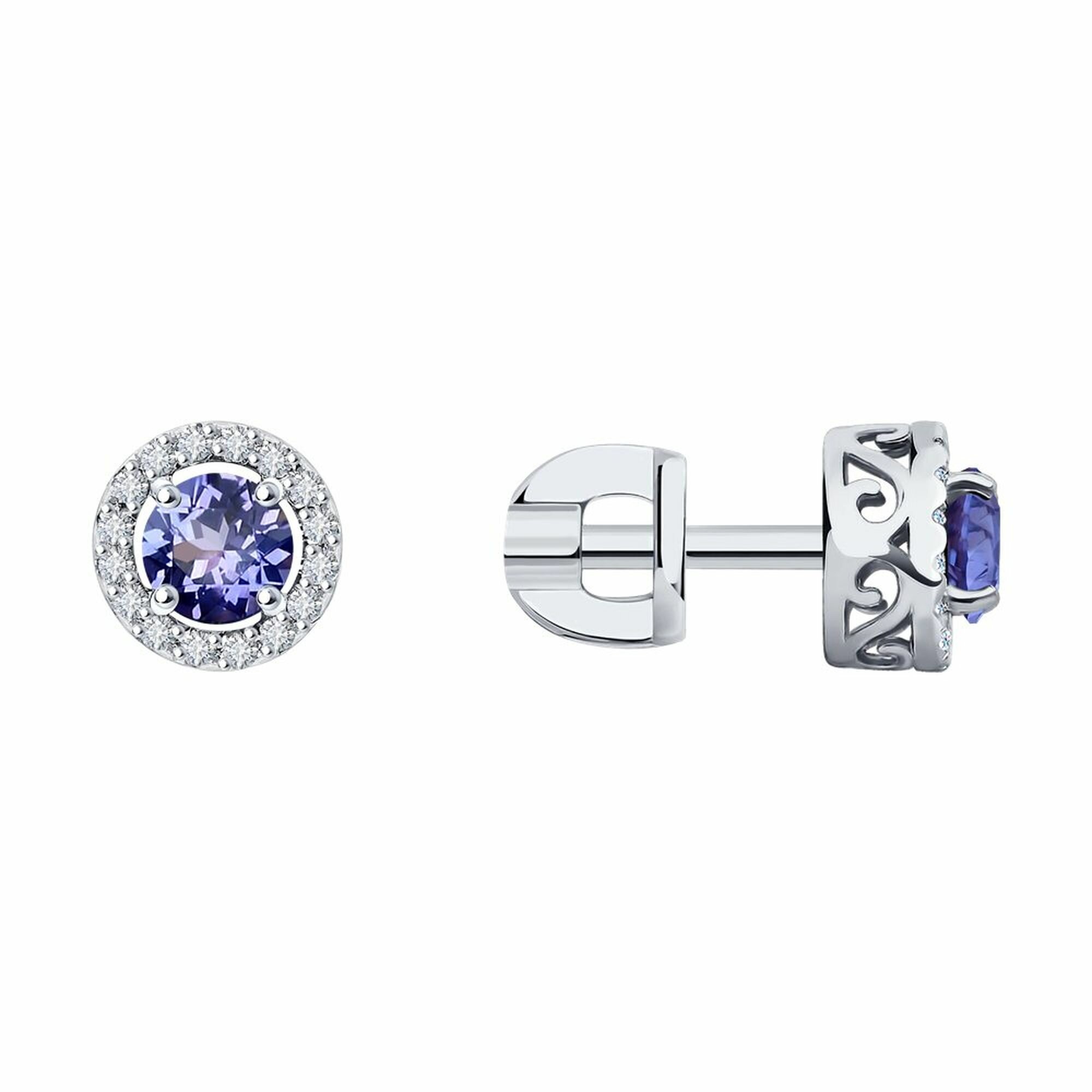 Серьги пусеты, белое золото, 585 проба, танзанит, бриллиант