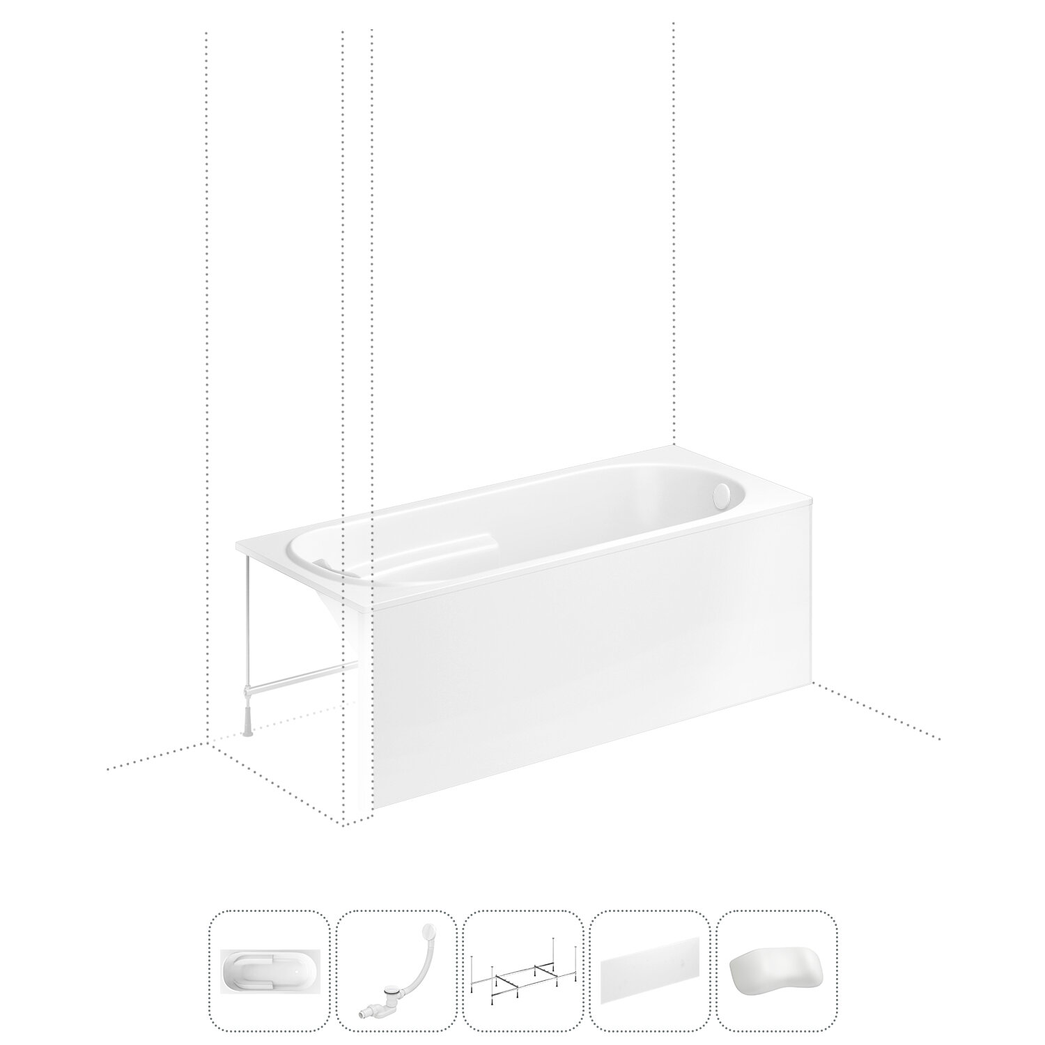 Акриловая ванна 170x75 с каркасом и экраном Lavinia Boho Bristol 202011655 в наборе 5 в 1: прямоугольная ванна 170 x 75 см, слив-перелив, каркас, экран, подголовник