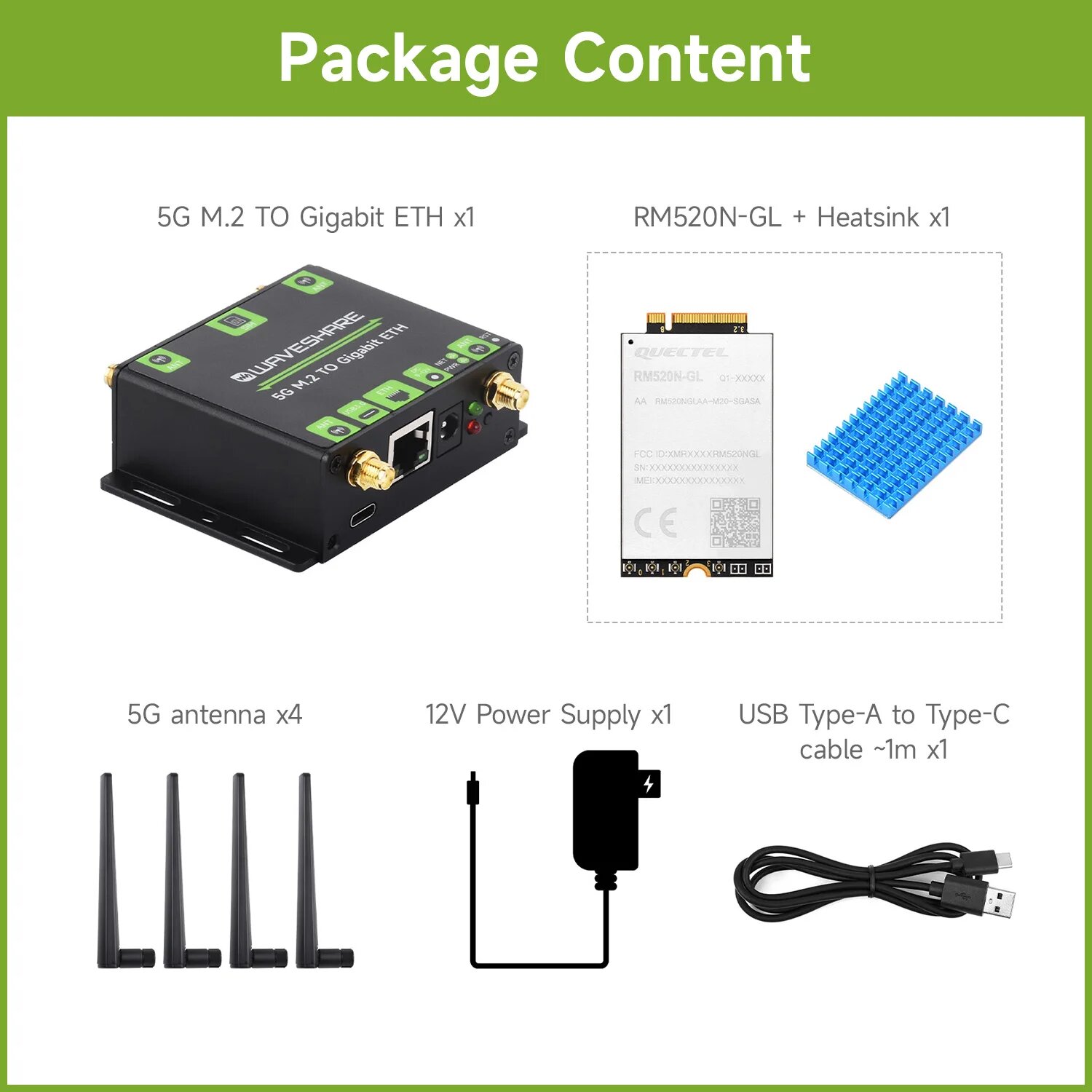 Waveshare RM520N-GL 5G M.2 to Gigabit Ethernet комплект