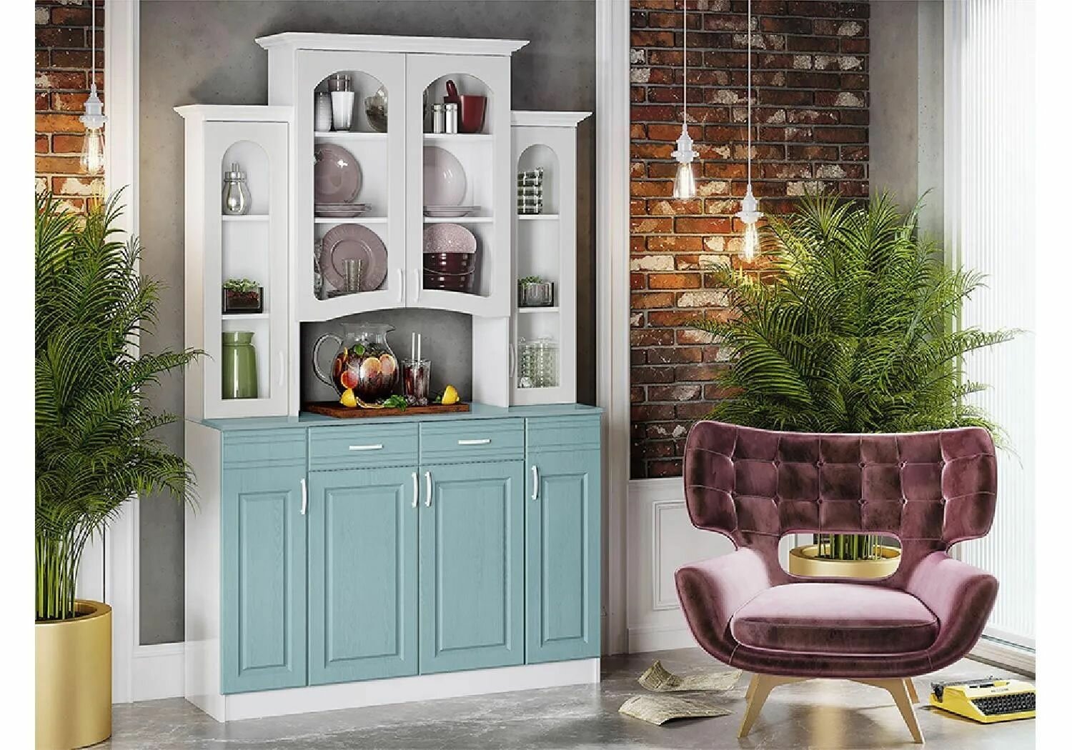 Буфет 4-хстворчатый Констанция Белый матовый/Голубой