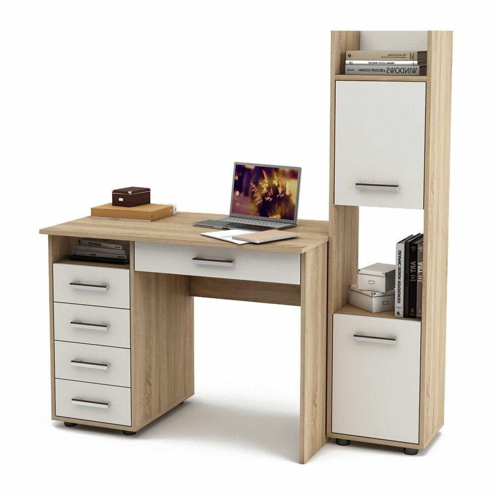 Стол письменный, компьютерный и стеллаж Остин (Ливерпуль) 4Я дуб сонома/белое дерево