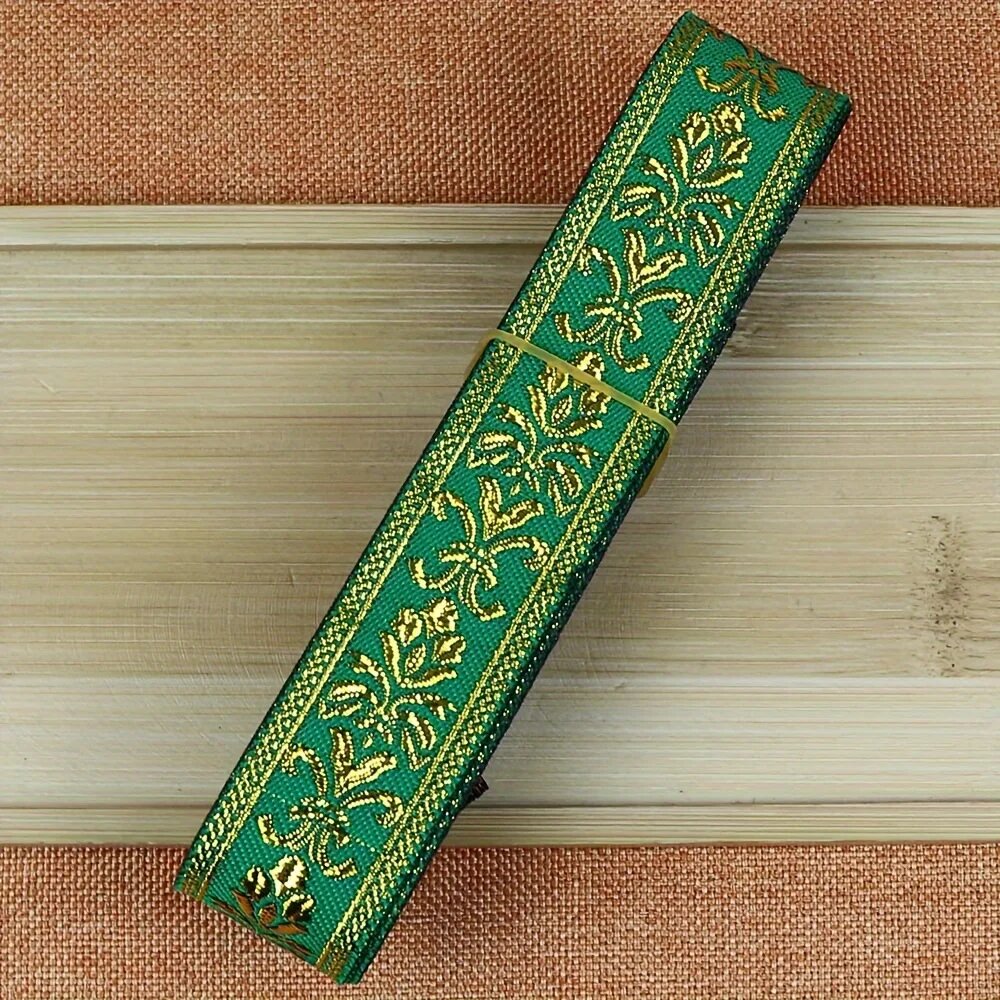Изумрудная жаккардовая лента с золотыми листьями, 2,5 см, H06-Green