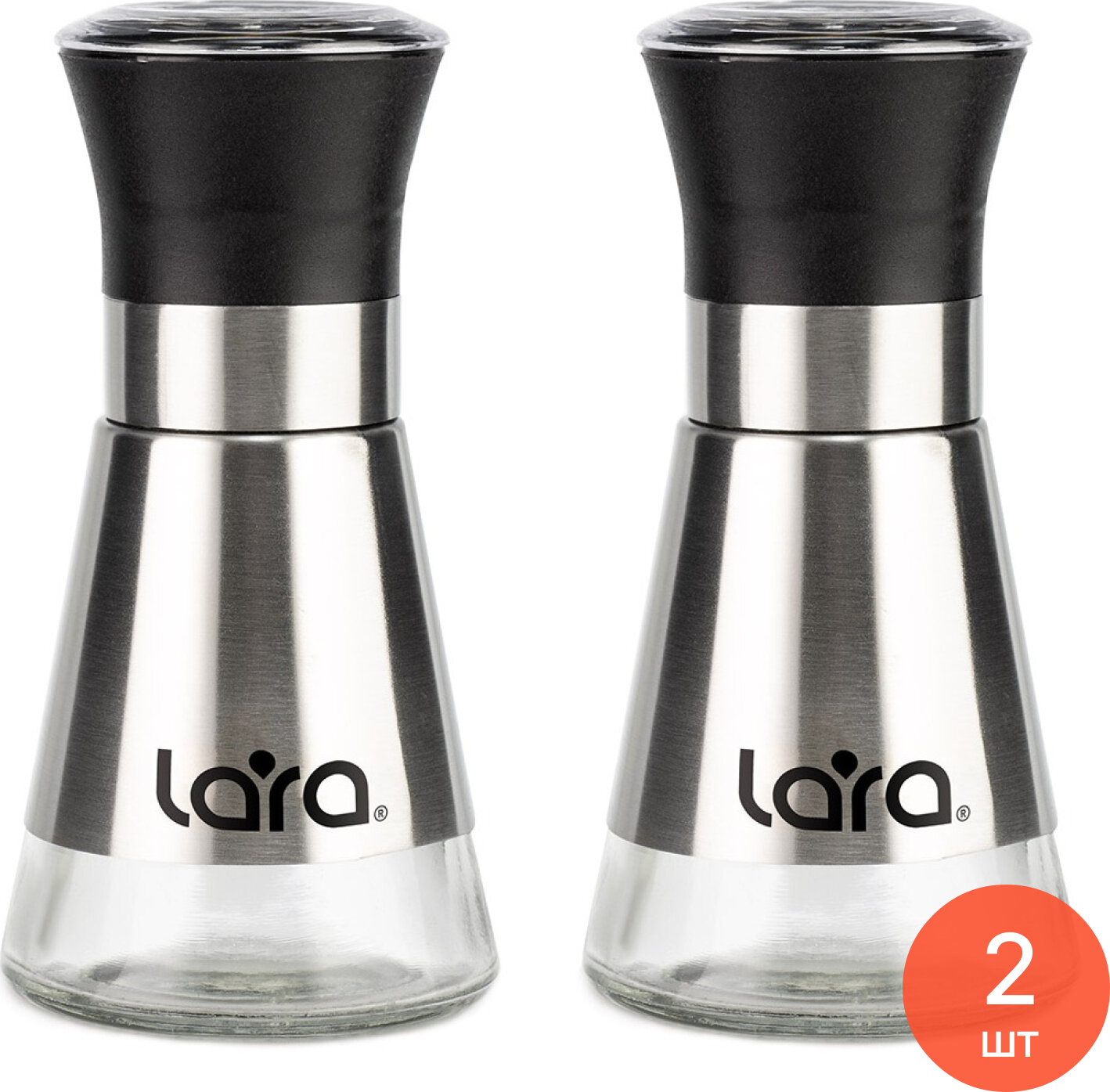 Мельница для перца LARA / Лара LR08-70 нержавеющая сталь, стекло, хром, 12.5х6.2см, 100мл (комплект из 2 шт)