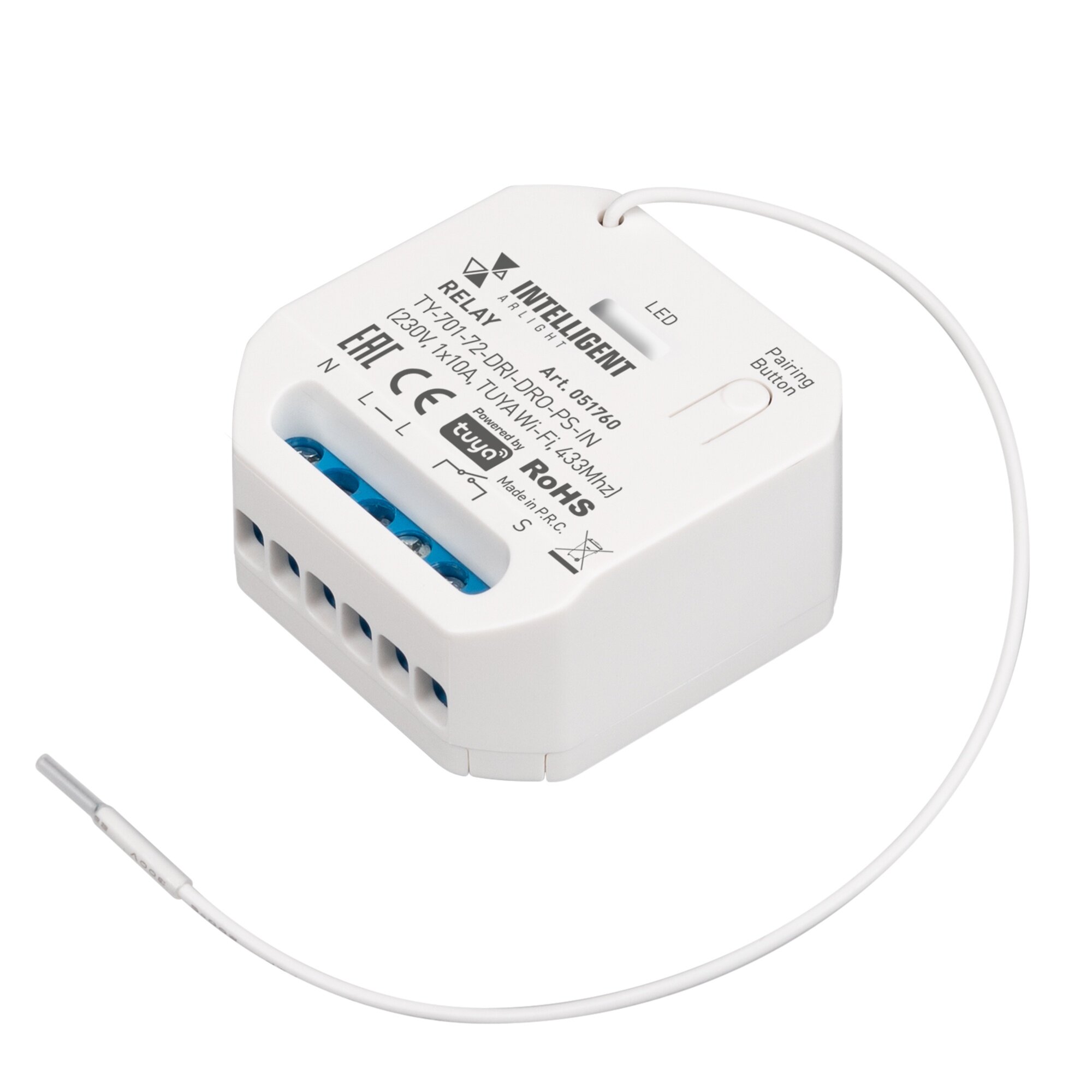 INTELLIGENT ARLIGHT Релейный модуль TY-701-72-DRI-DRO-PS-IN (230V, 1x10A, TUYA Wi-Fi, 433Mhz) (IARL, IP20 Пластик, 3 год
