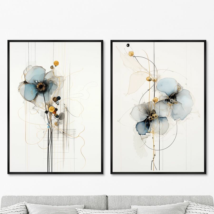 Картины на стену для интерьера. Набор из 2-х шт. Blue flowers, 2024г. Размер (каждой) картины: 75х105см. Печать на натуральном Холсте.