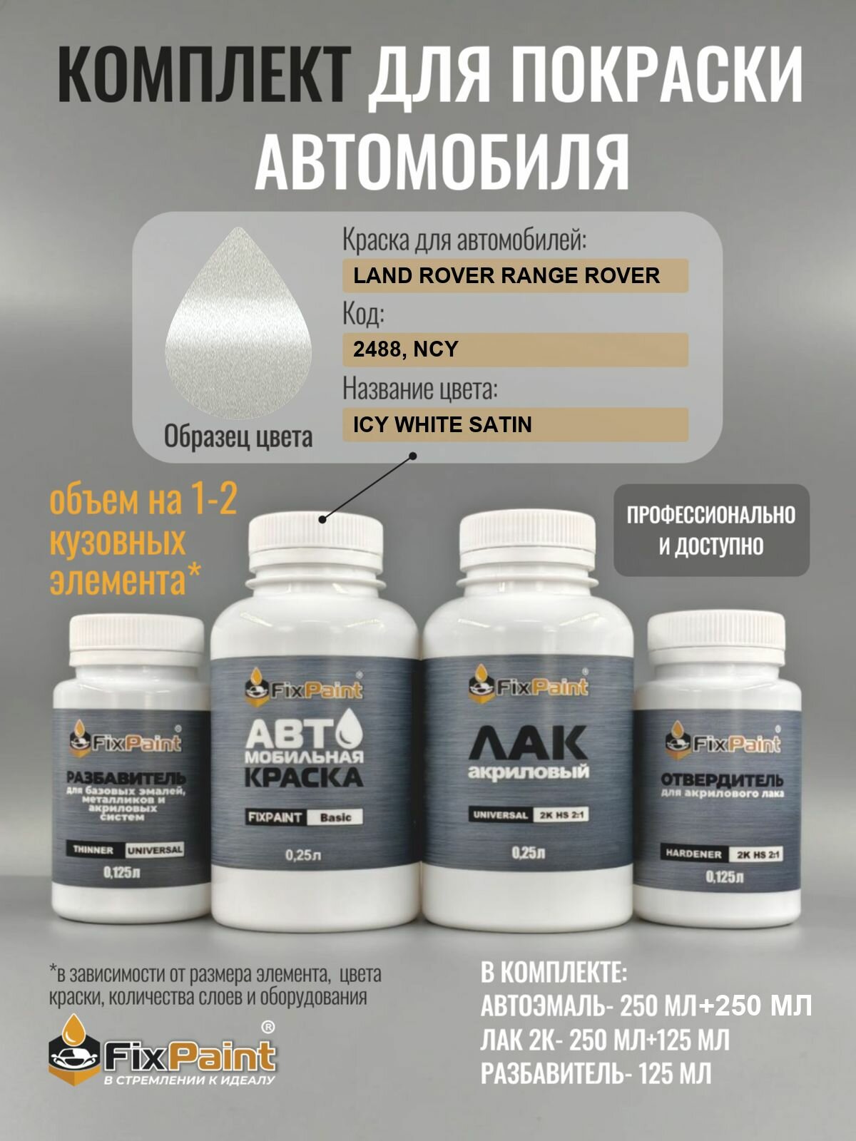Комплект для покраски LAND ROVER RANGE ROVER, код 2488, NCY, Трехслойная ICY WHITE SATIN, базовая автомобильная краска 500 мл, лак 2K 250 мл с отвердителем, разбавитель 125 мл, FixPaint Pro