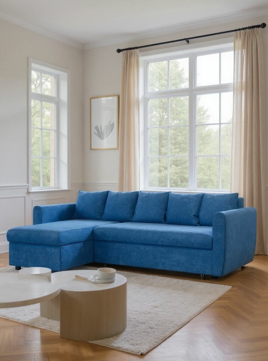 Угловой диван еврокнижка раскладной "Мартин", велюр искусственный, синий