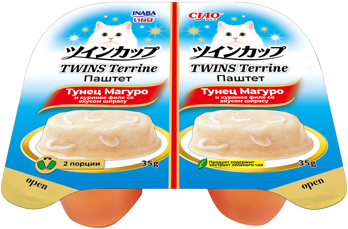 Корм влажный Inaba Ciao Twins Terrineдля взрослых кошек, тунец Магуро куриное филе и ширасу, 35 г х 2 шт
