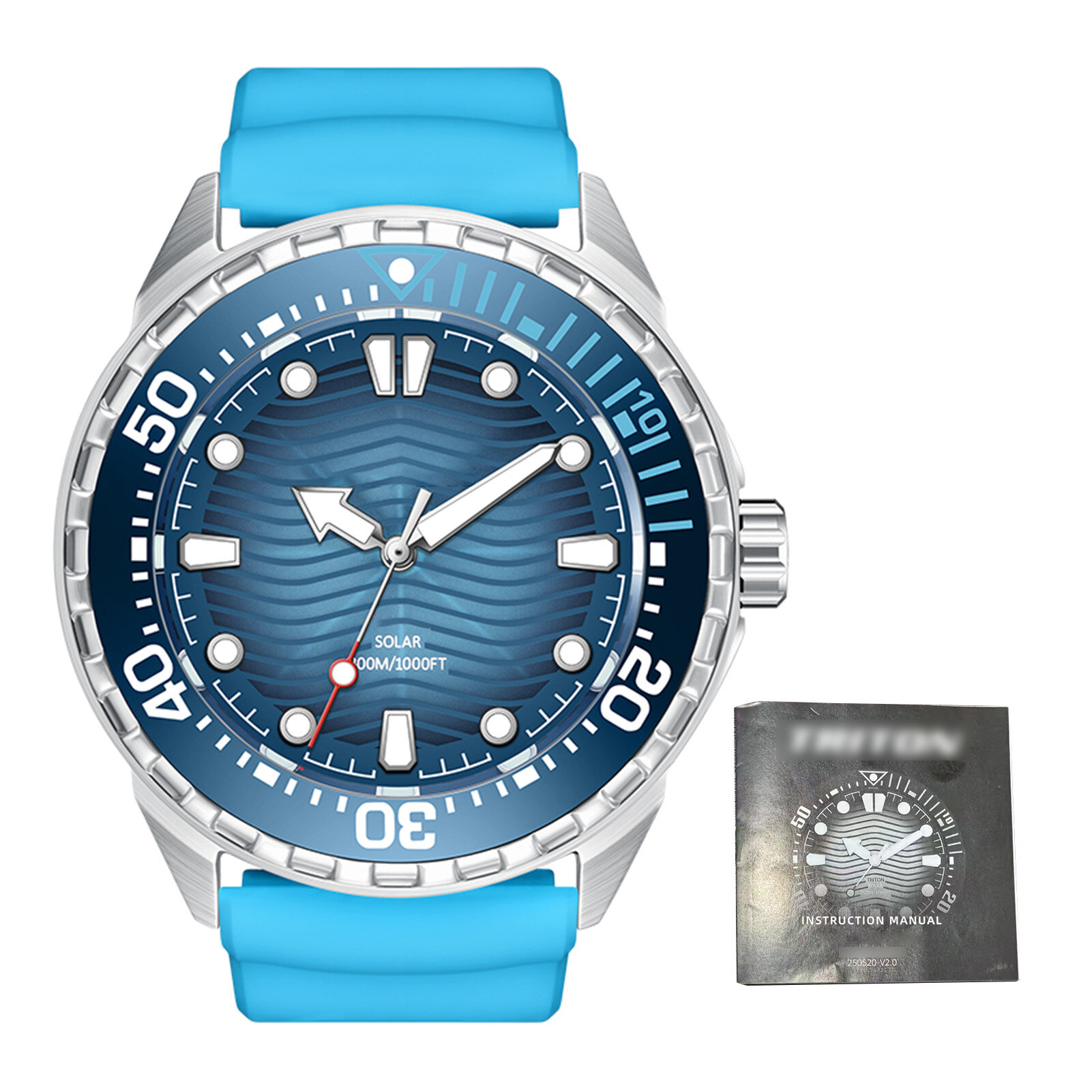 Solar Powered Quartz Dive Watch Night Glow 300M Rainproof Silicone Strap for Men Women Blue
