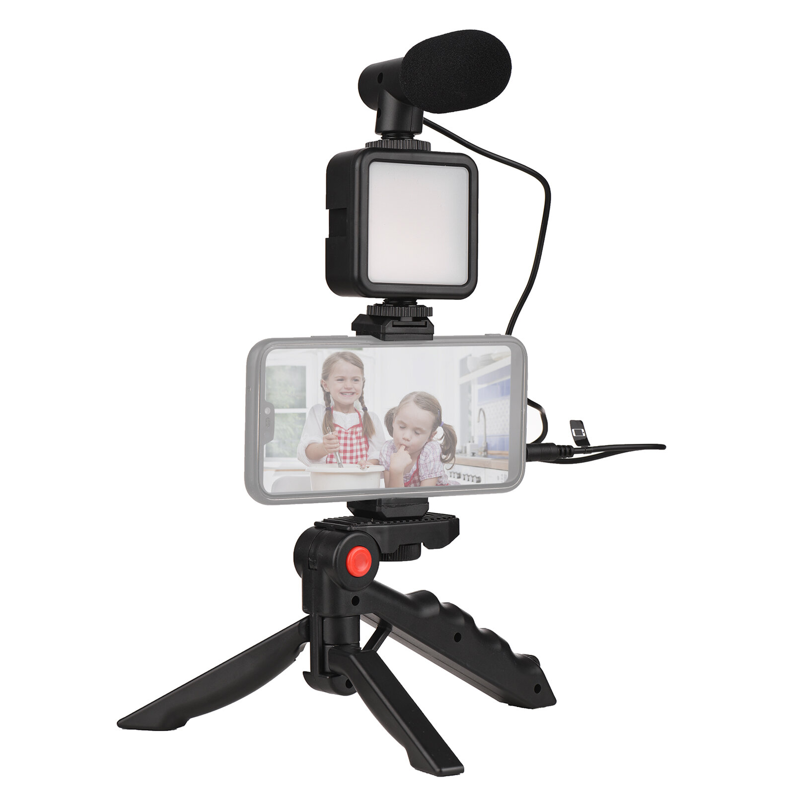 Комплект для смартфона Vlog Mini LED Видеосвет с регулируемой яркостью + Кардиоидный микрофон + Расширяемый клепан для телефона + Трипод 10см для Livestream Vlog Съемки Видеоконференции Селфи Черный 36 светодиодов 5600K