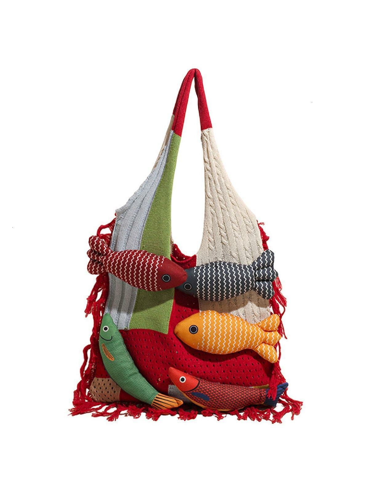 Модная вязаная сумка большого размера в стиле пэчворк с рисунком рыбы, универсальная сумка для ежедневного использования, ноутбука, книг, косметики, практичная конструкция из полиэстера