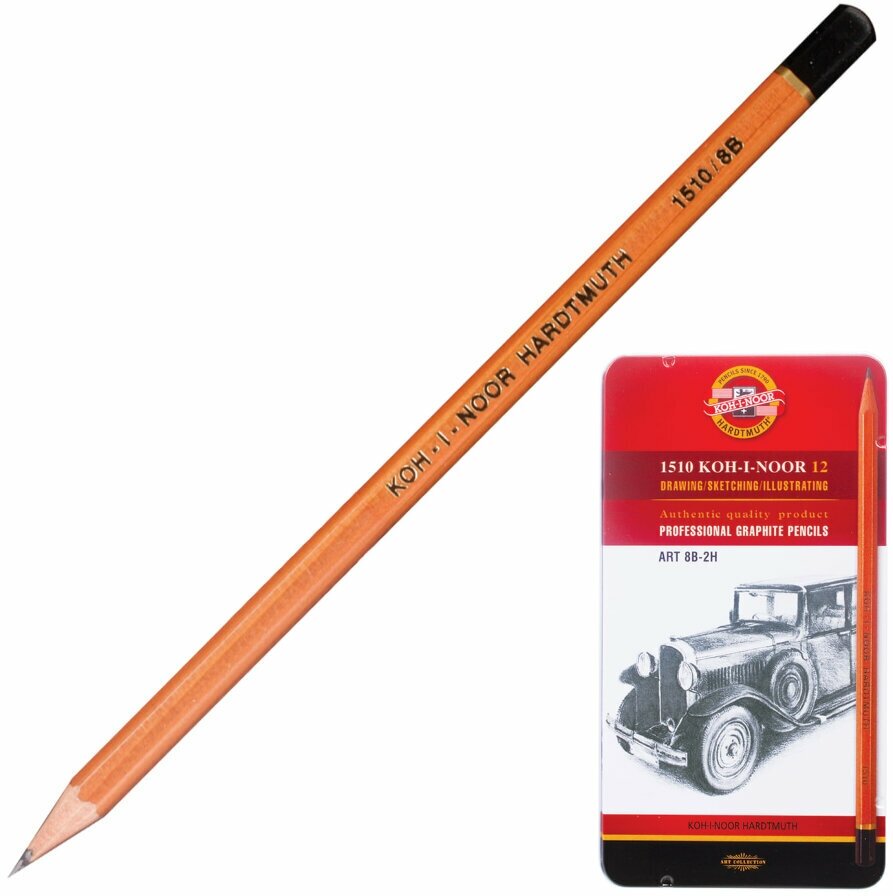 Карандаши чернографитные KOH-I-NOOR, набор 12 шт, "Art", 8В-2H, без резинки, металлическая коробка, 1512N12001PL, 181071