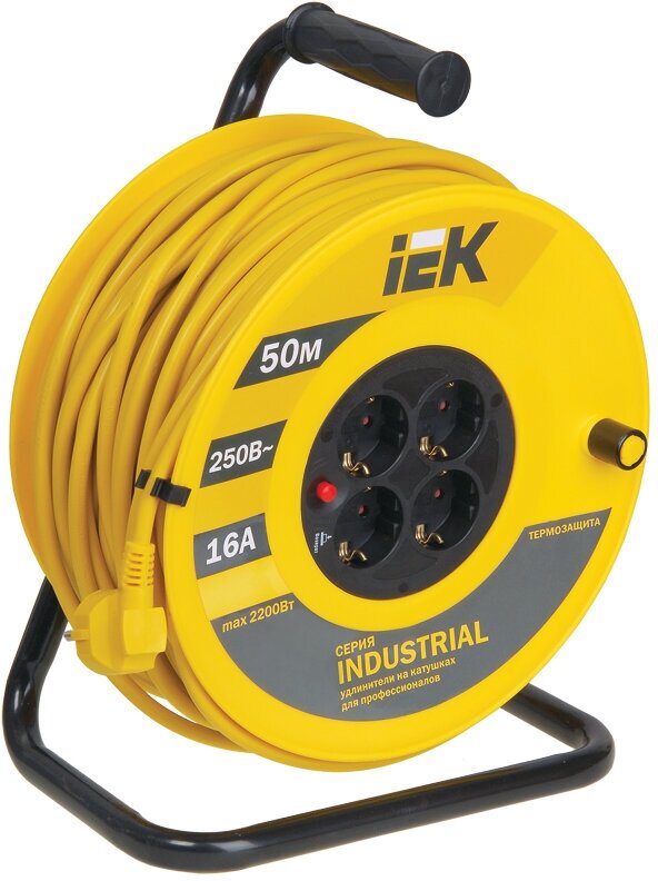 Удлинитель силовой 4 розетки шнур 50м ПВС 3x1.5 УК50 с термозащитой IEK WKP15-16-04-50