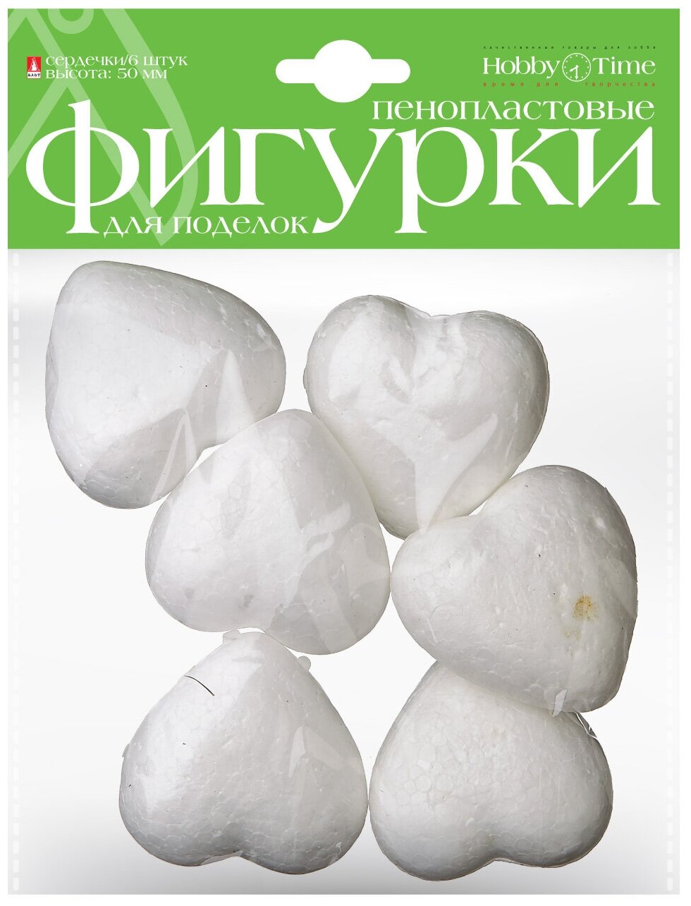 Пенопластовые фигурки. Сердечки 50 ММ, 6 ШТ. , Арт. 2-204/02
