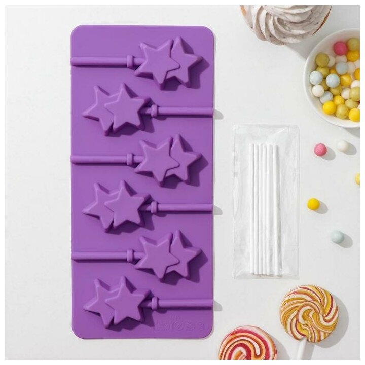 Форма для леденцов ТероПром 1000370 Доляна «Звёзды», 9,5×24 см, 6 ячеек, палочки в комплекте, товар без выбора конкретного цвета, 1000370