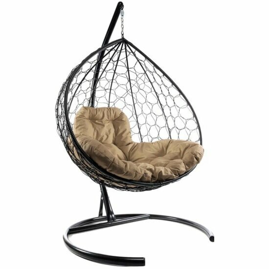 Подвесное кресло кокон M-group XL с ротангом черное+бежевая подушка
