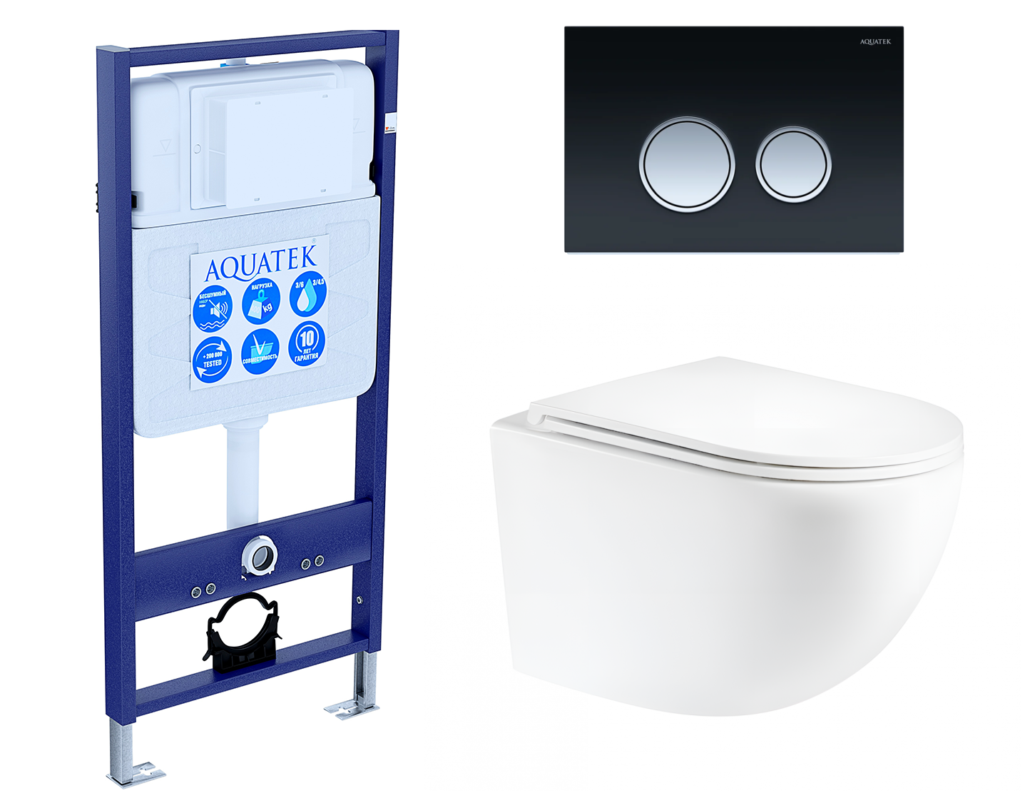 Комплект 3 в 1 инсталляция Акватек Standart 50 + Унитаз подвесной Enio Unico Tornado EN2105073 с кнопкой черной хром INS-0000012 + EN2105073 + KDI-0000029