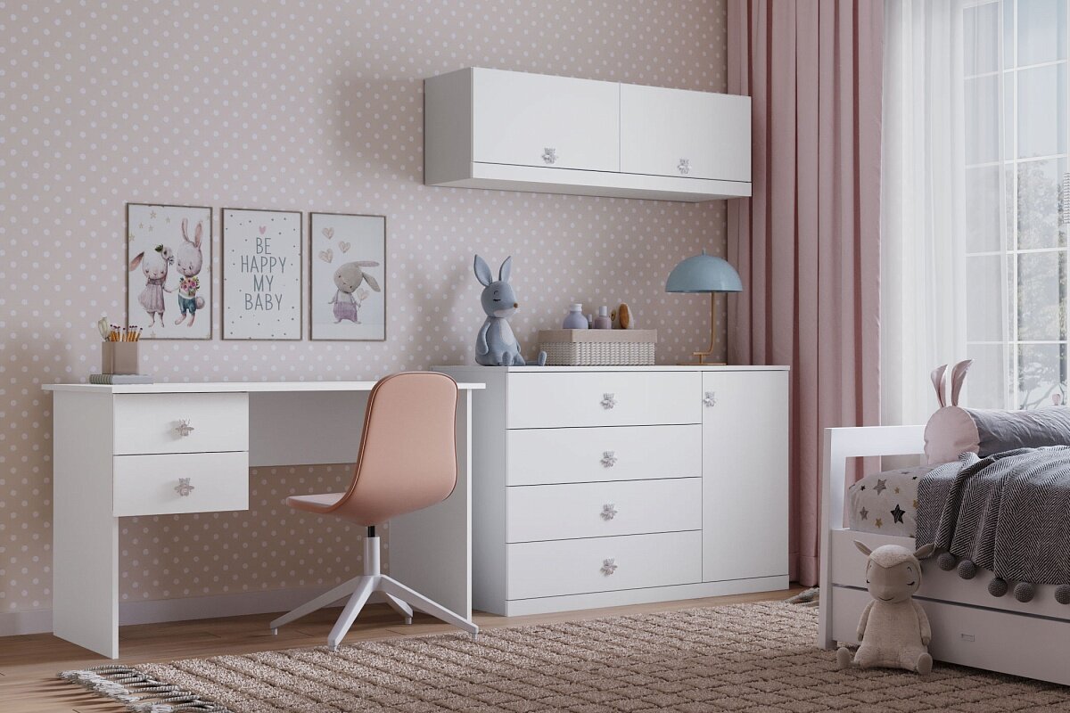 Детская стенка МебельЛэнд24 Скарабей - 5 МДФ Белый 240x60x80 с комодом со столом