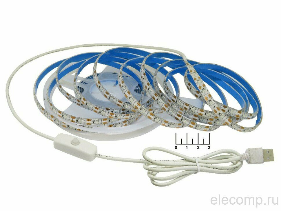 Светодиодная лента 5V желтая 5м влагозащиненная (60LED/1м) 8мм 3528 + USB коннектор + выключатель