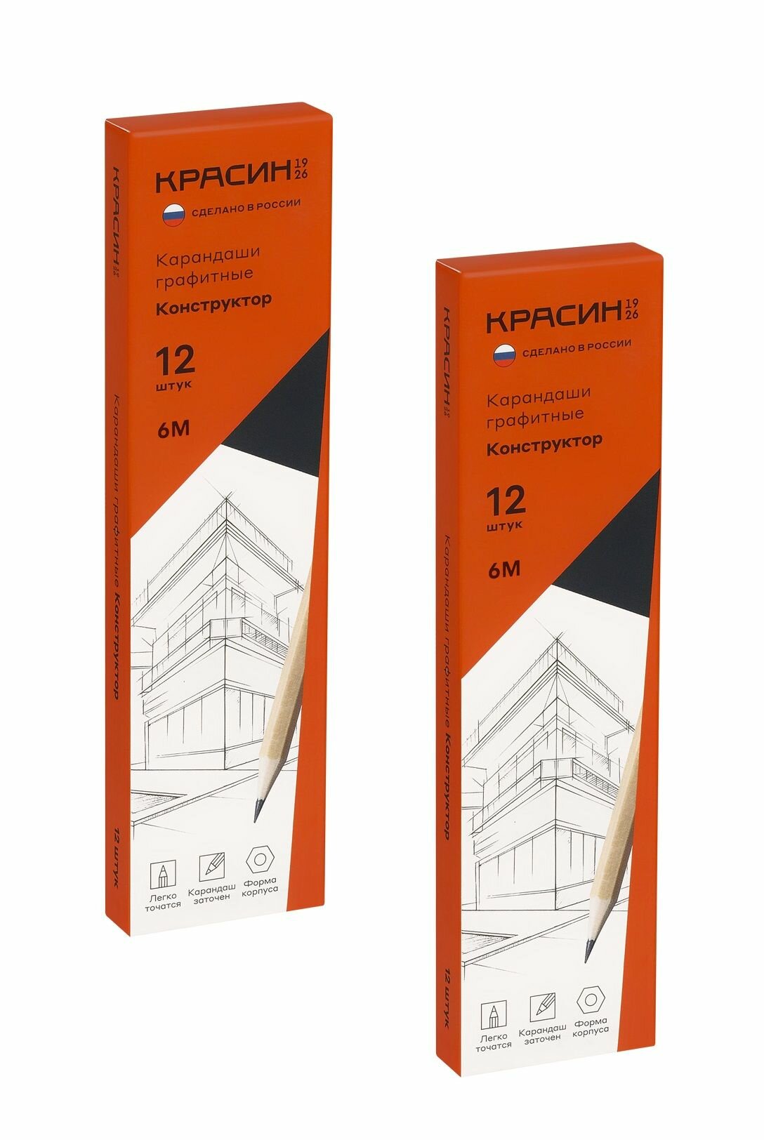 Набор 24 шт. - Карандаш ч/г Красин "Конструктор" 6М (6B) шестигран, заточен.