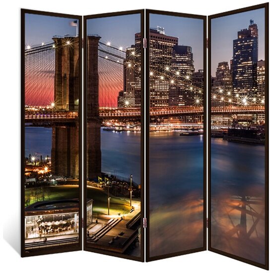 Ширма перегородка Декор Депо для комнаты деревянная "Городской пейзаж" двухсторонняя с картинкой (города) 4 створки венге 176х185 см 14 кг