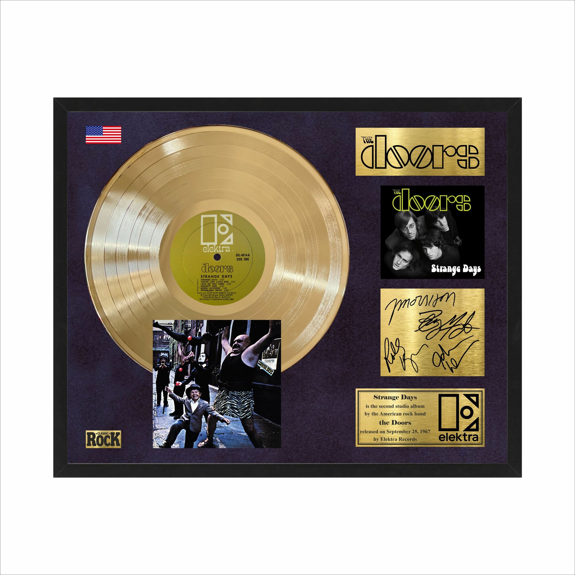 Золотой винил The Doors Strange days с автографом в рамке