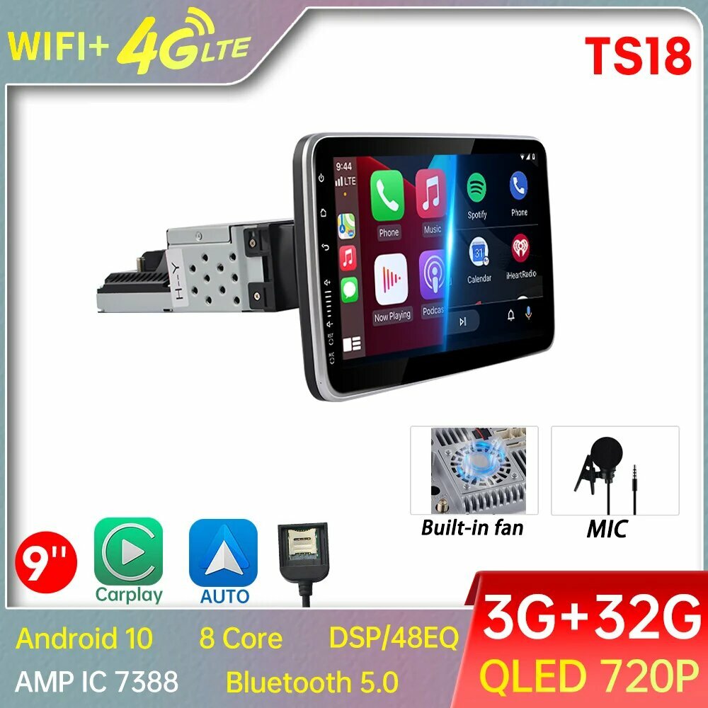 Универсальный Автомобильный мультимедийный проигрыватель Carplay на Android 11 с углом поворота 360 °, 1 Din, радио 9 ', 10', GPS, BT, видео, Android, 8 ГБ + 128 ГБ 9-TS18-3G-32G