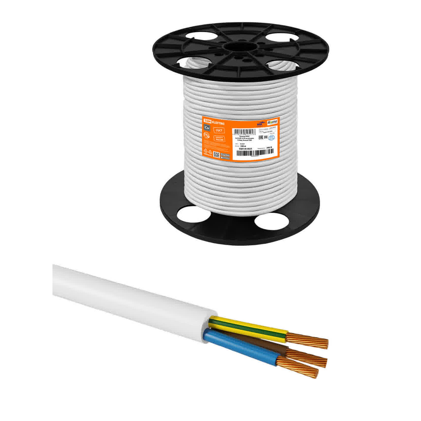 Провод пркс 3х2,5(N)-0,38 на катушке (100м), белый, TDM SQ0136-0025 (100 м.)