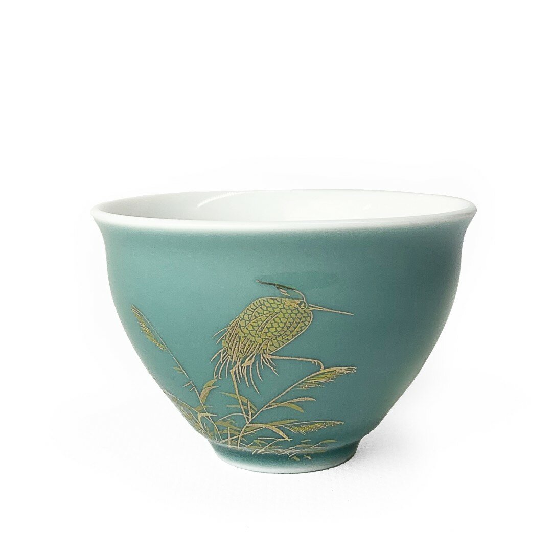 Чашка чайная (пиала) - Журавли, бирюзовая, фарфор, 75 мл, Китай.