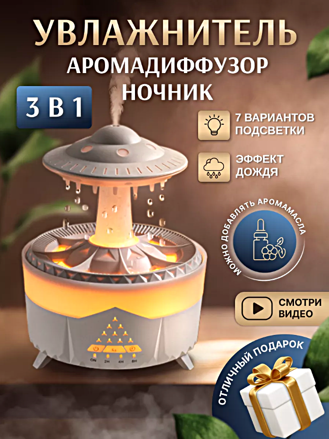 Увлажнитель воздуха ультразвуковой Гриб TWO VERSION, Аромадиффузор с подсветкой, ночник для дома, Белый