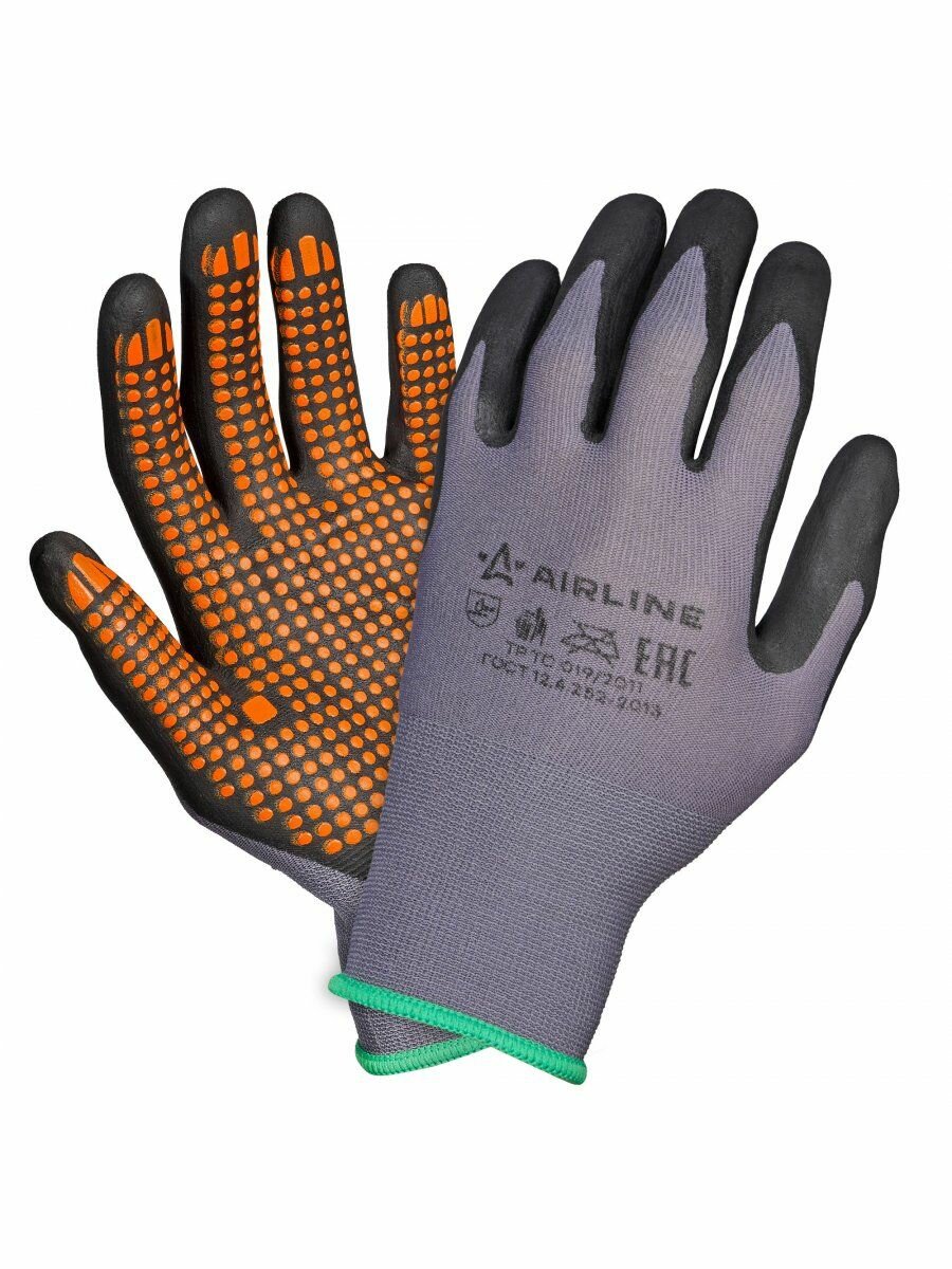 Перчатки нейлоновые Airline ADWG101, с нитриловым покрытием ладони (М), серый/черный/оранжевый