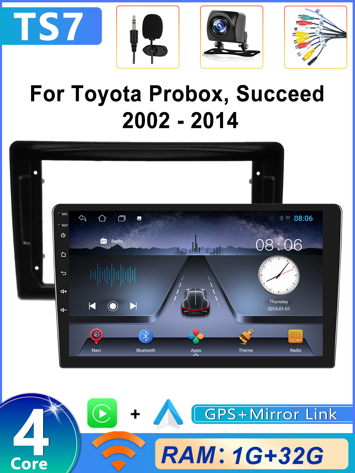 Автомагнитола Toyota Probox, Succeed 2002-2014, Bluetooth Wi-Fi Сенсорные кнопки , Серебристый CARPLAY IPS