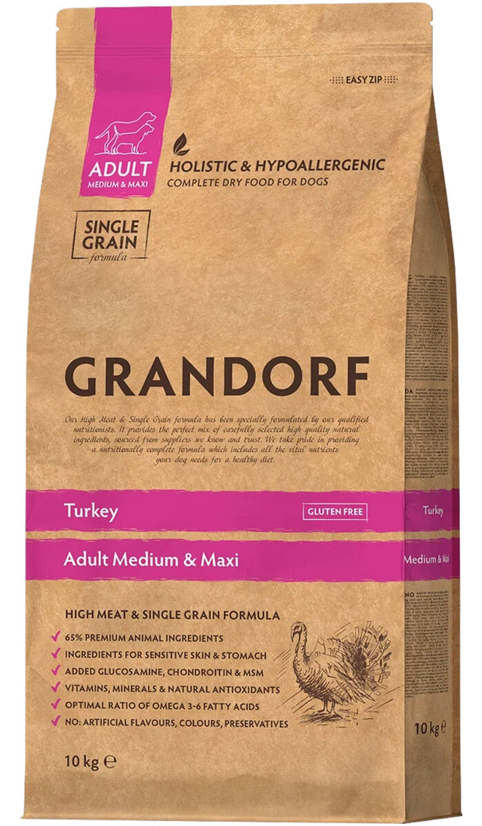 Корм сухой Grandorf Single Grain Dog Adult Medium & Maxi Turkey низкозерновой для взрослых собак средних и крупных пород, индейка, 10 кг