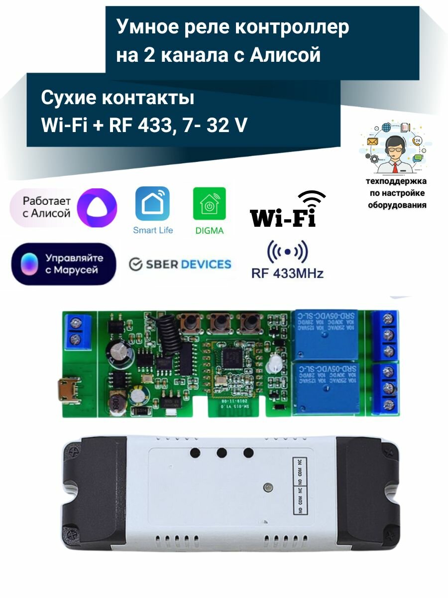 Умное реле с Алисой на 2 канала 12В, (Wi-Fi Tuya + RF 433 МГц)