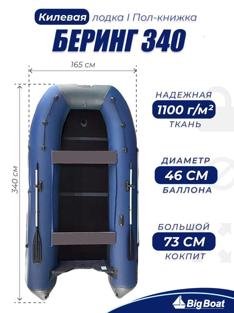 Надувная, под мотор лодка из ПВХ для рыбалки Bering (Беринг) 340К пол-книжка