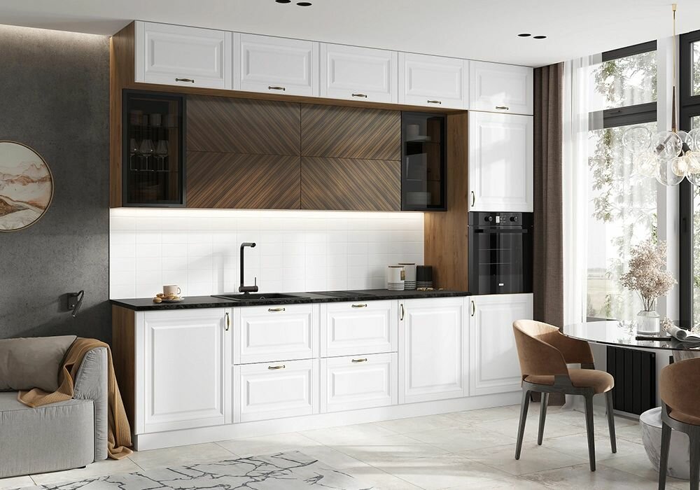 Кухня Престиж 3,0м (490) Компоновка №2 (Браш Вайт/Прайм орех, Дуб Крафт (Кастилло темный))