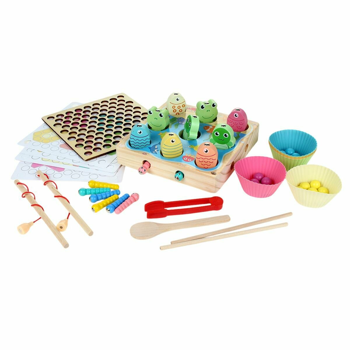 Деревянная развивающая игрушка «Рыбалка 4 в 1» с магнитной удочкой, 9 элементов, 31х30 см, сортировка по цветам