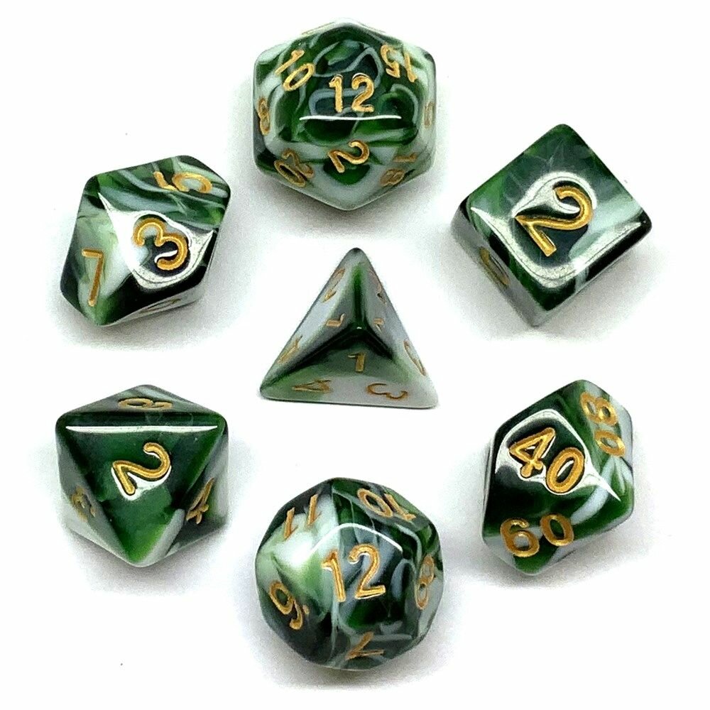 Кости игральные для DnD и RPG, кубики пластик для Dungeons & Dragons, дайсы ДнД и РПГ 7 шт. Зеленый мрамор