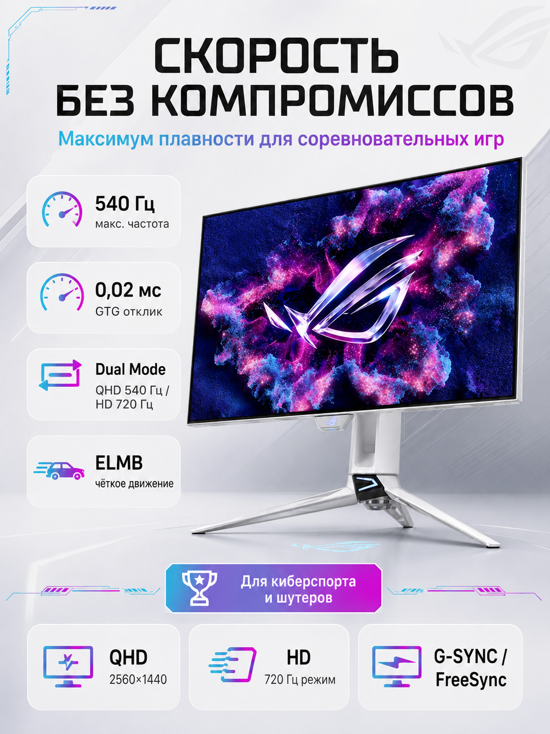 Игровой монитор ASUS ROG Swift OLED PG27AQWP-W, 27″, 2K QHD, 540 Гц, 0.02 мс, Tandem OLED, G-SYNC — фото 1