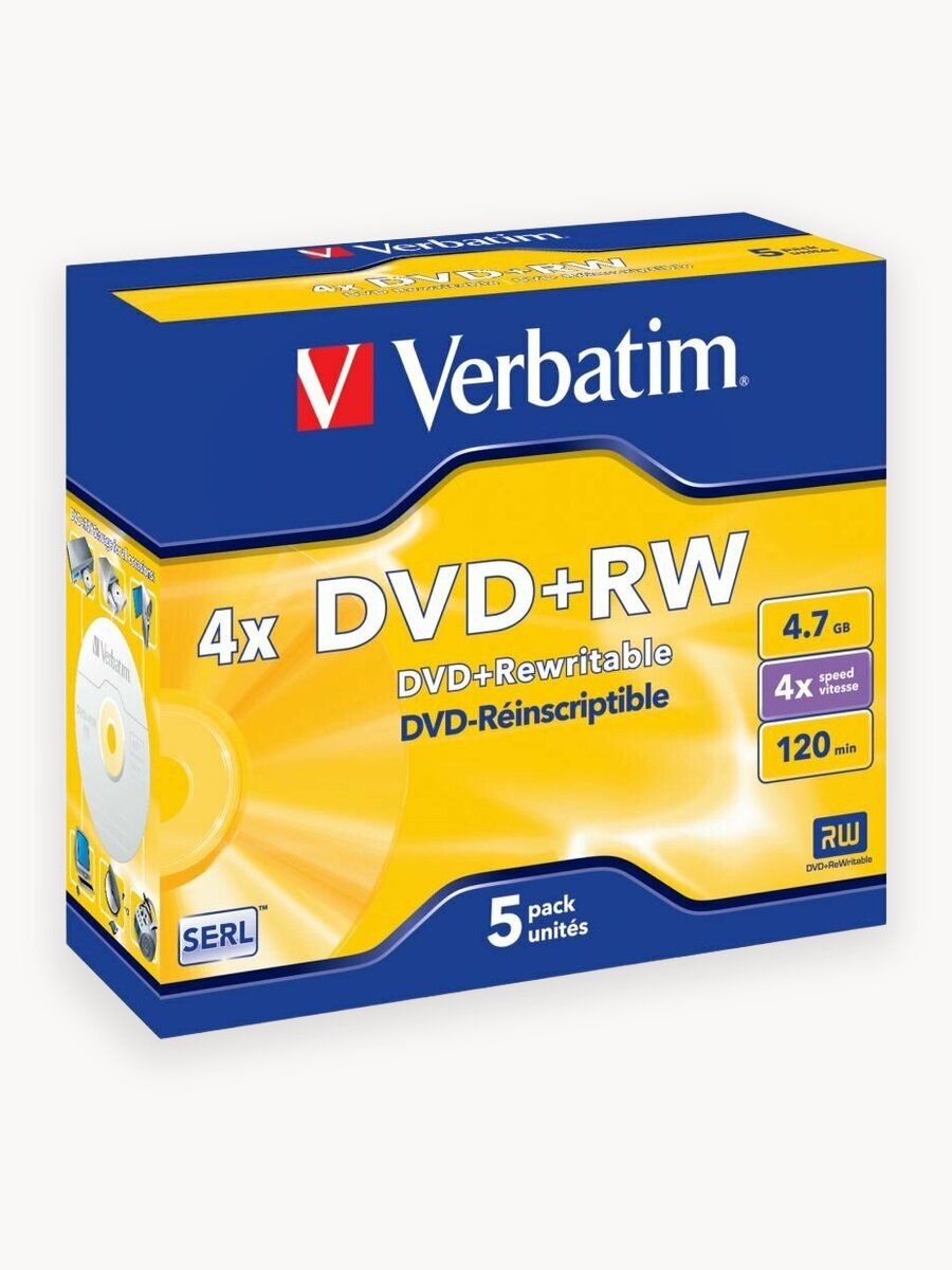 Оптические диски Verbatim DVD+RW 4.7 ГБ 4X SERL серебристый матовый 5 шт. в коробках