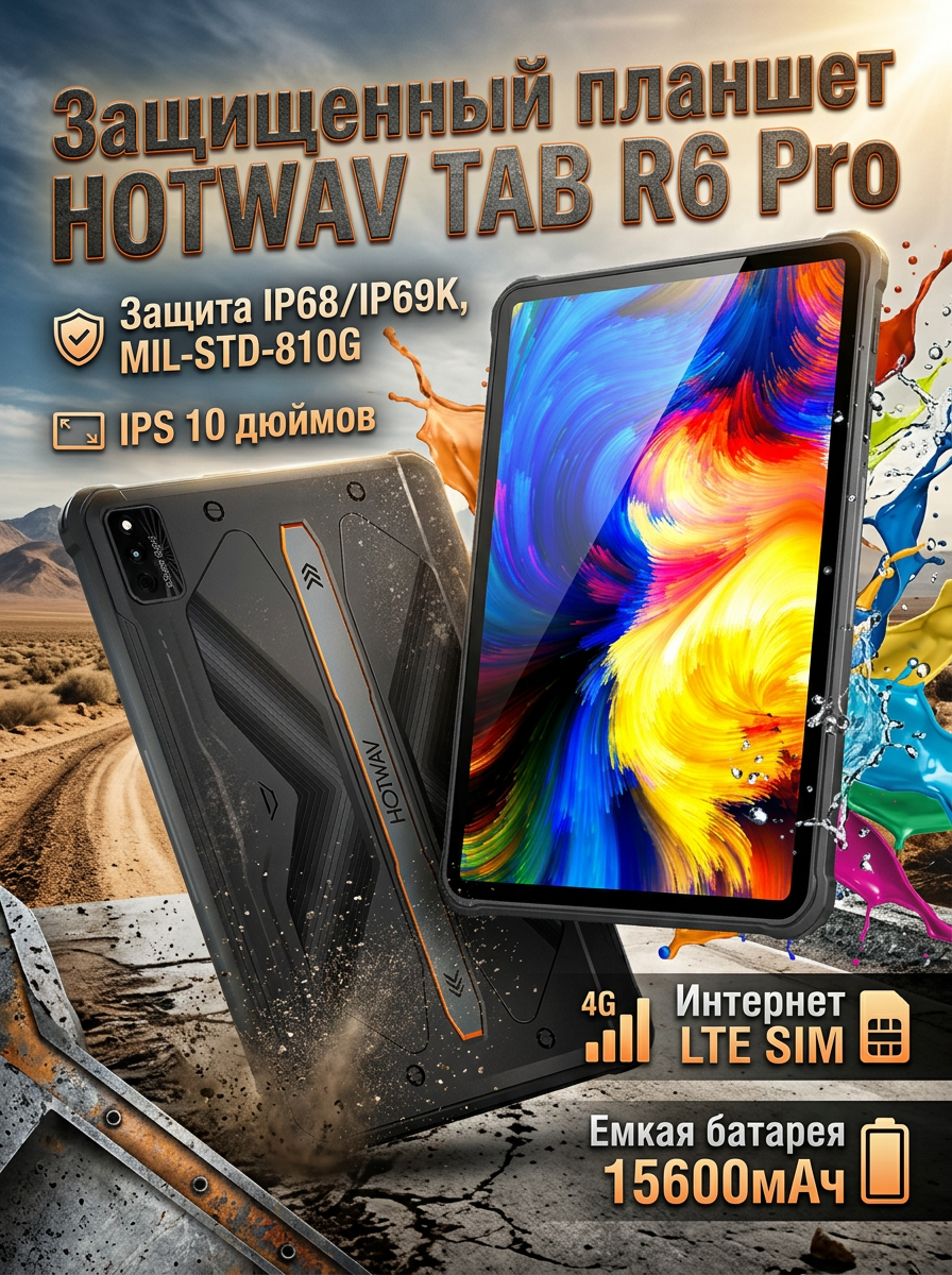 Защищенный планшет HOTWAV TAB R6 Pro Vitality Orange 8/128 с сим-картой 4G LTE, 15600 мАч, 10.1 дюйм. Гарантия 1 год.