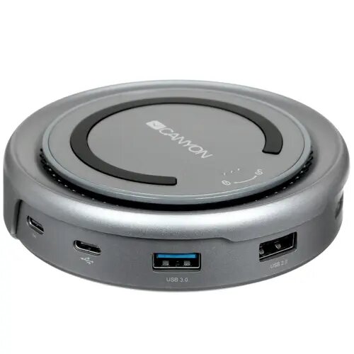 Адаптер многоцелевой Canyon CNS-TDS07DG Type-C / USB Type-C до 100W (20В / макс. 5А), USB 2.0, HDMI порт 4K UHD (4K,30Hz), VGA (1920×1080/60Hz), Съемное беспроводное зарядное устройство на 10Вт