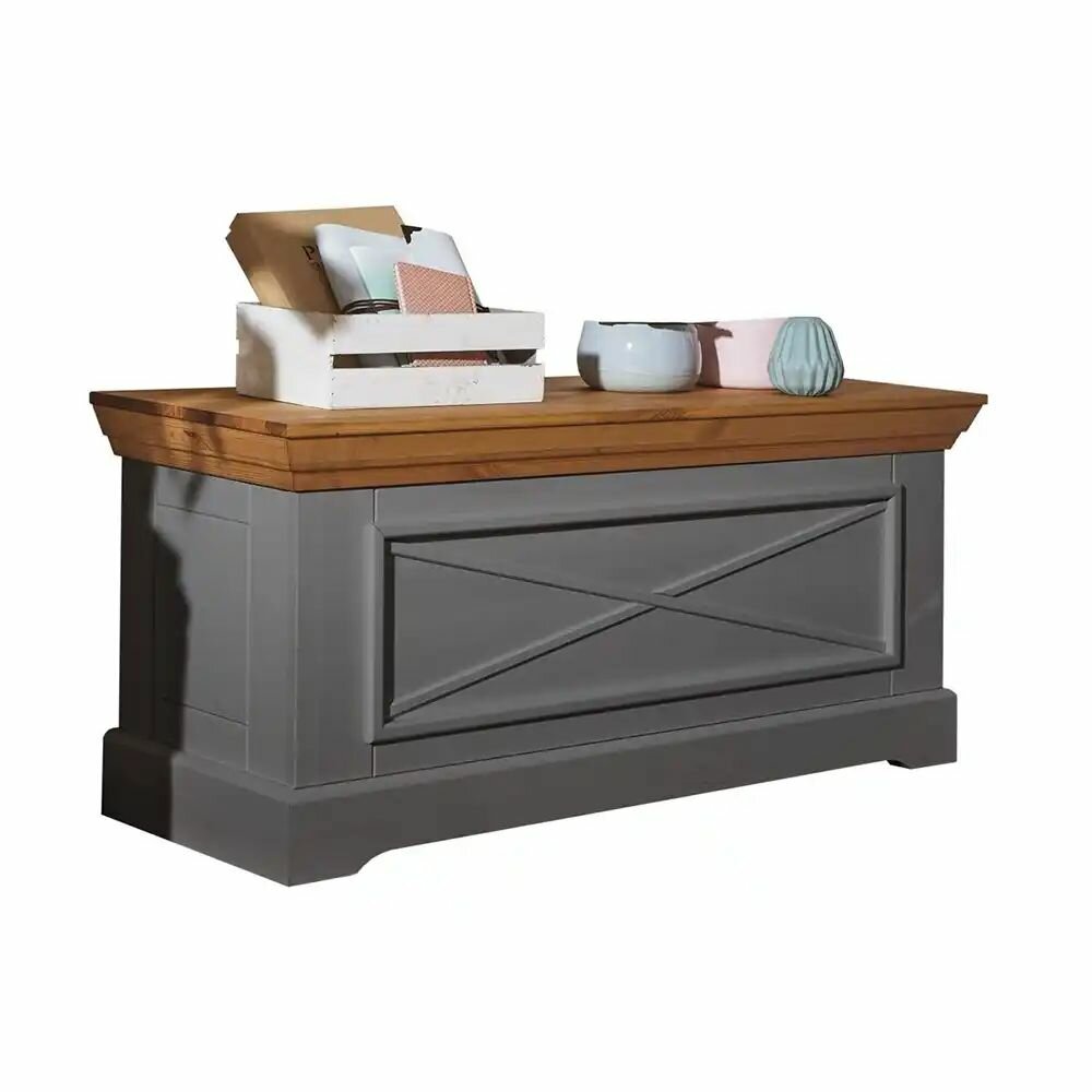 Сундук-тумба "Фламберже" натуральное дерево, массив сосны, 109х42х50 см. цвет- серый(графит)/бейц-масло