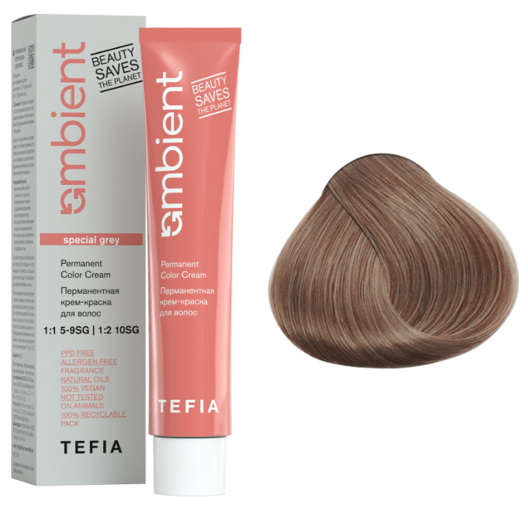 TEFIA, AMBIENT, Перманентная крем-краска 9.810, очень светлый блондин коричнево-пепельный для седых волос, 60 мл