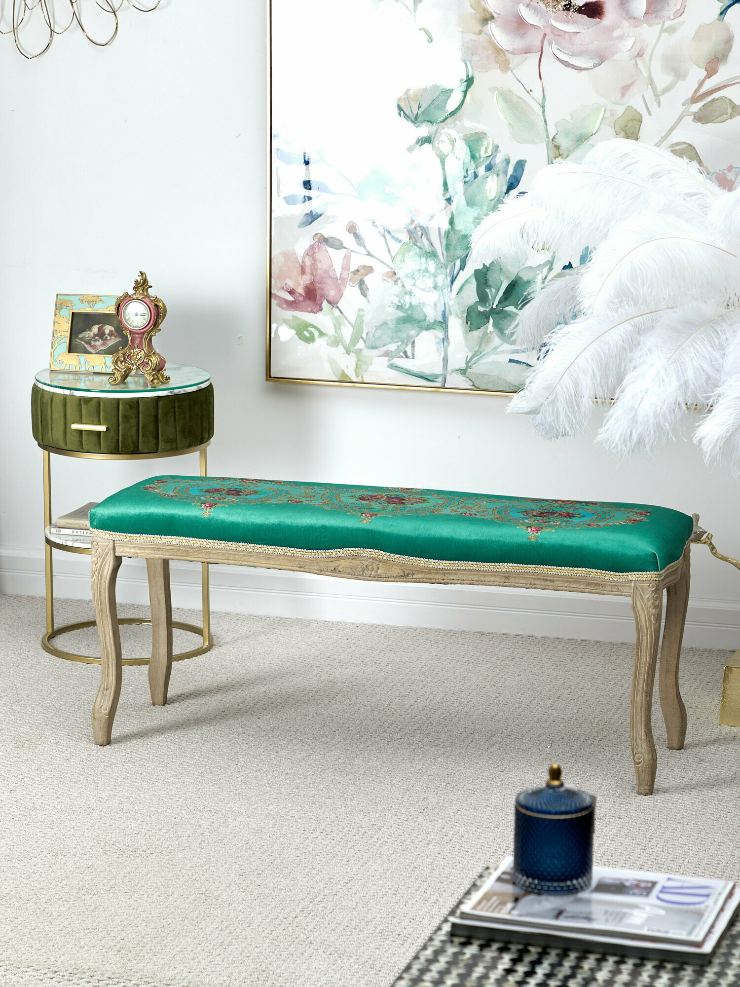 51-067 Банкетка Венеция 113х35х46см, Дерево, полиуретан, велюр, зеленый, Glasar