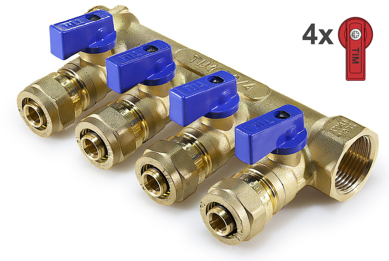 Фитинг гребенка - коллектор 1/4 выхода цанга 20 и кранами TIM 200-1-20 (Россия)