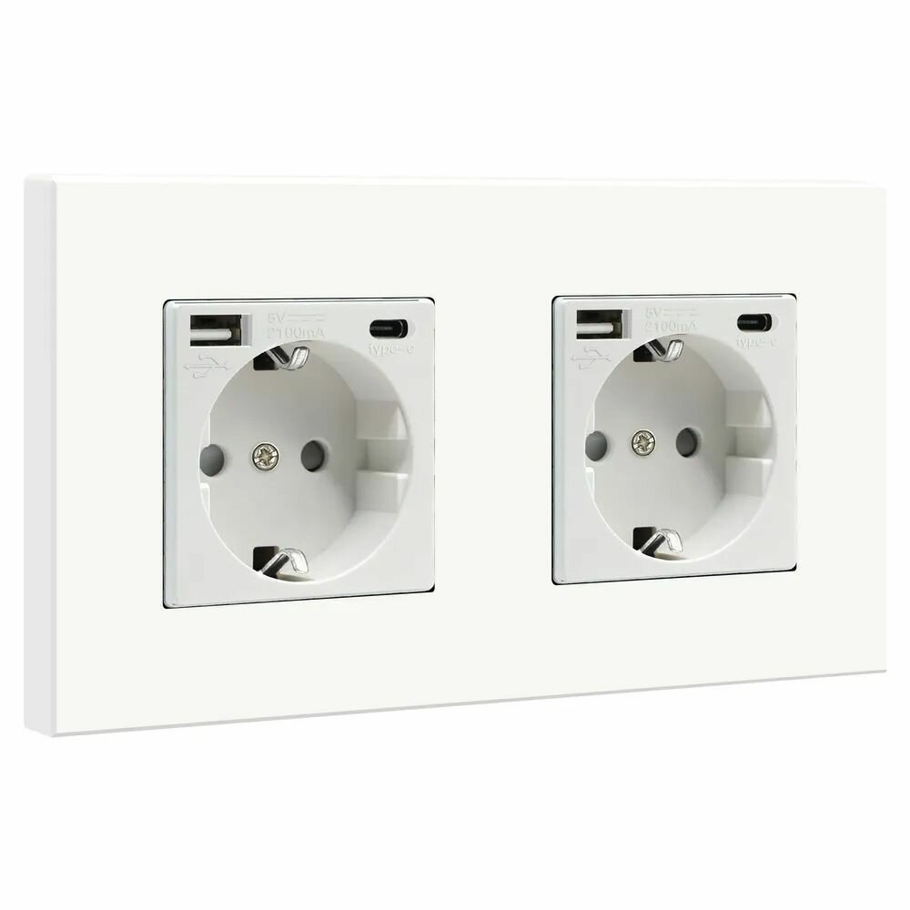 Розетка с USB Type-C MVAVA белая, встраиваемая, 2 поста, с заземлением и шторками, 16А, зарядка 10W, пластиковая рамка