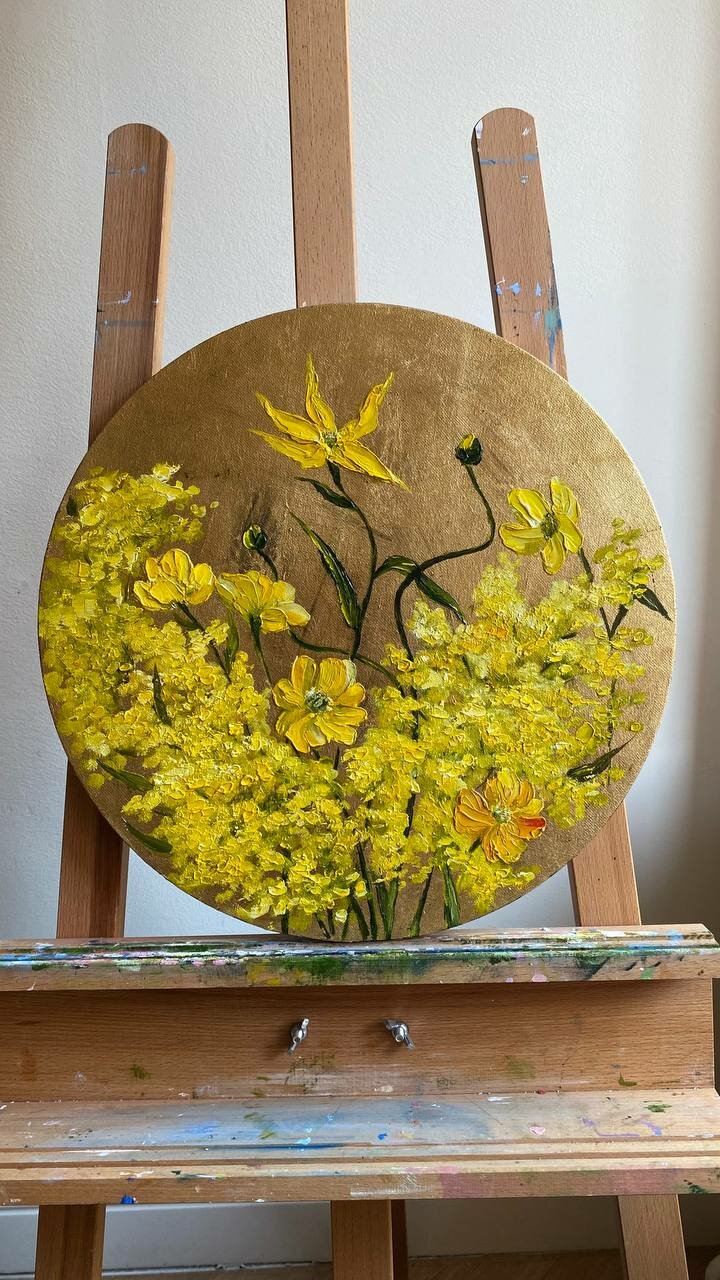 Картина "Желтые цветы", холст, масло, 40x40 см.